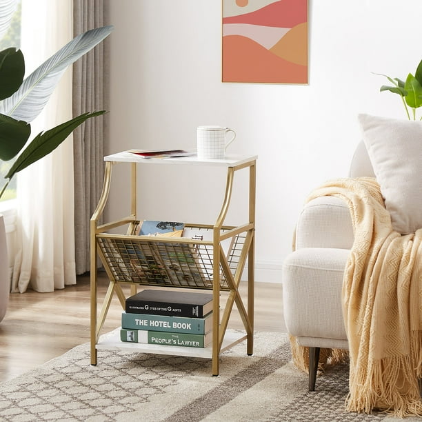 VECELO Modern End Table with Magazine Rack, 3 Tier Storage Shelf ...