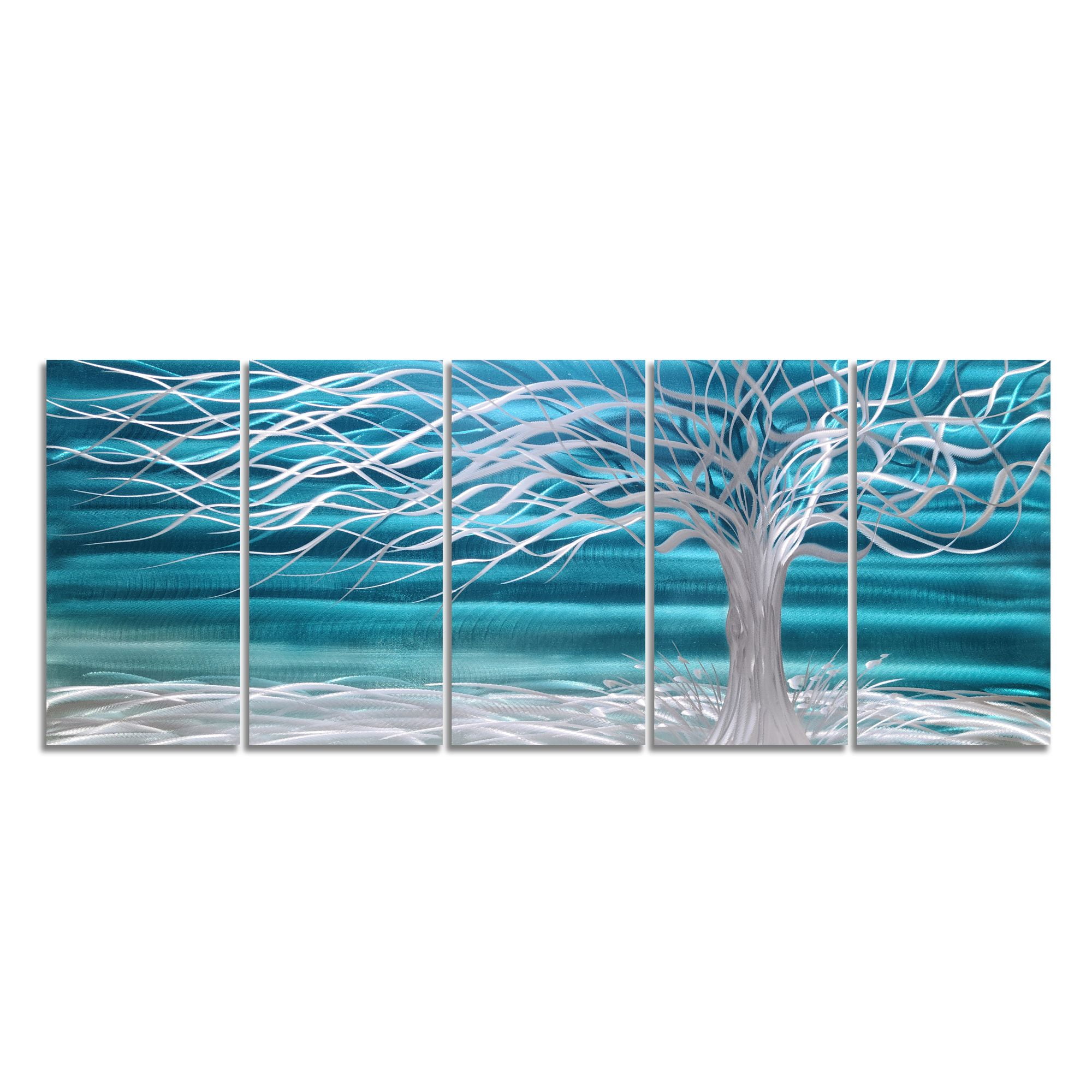 Yihui Arts 5 Panels Blue and Silver Tree Metal Wall Decor Handcrafted ...