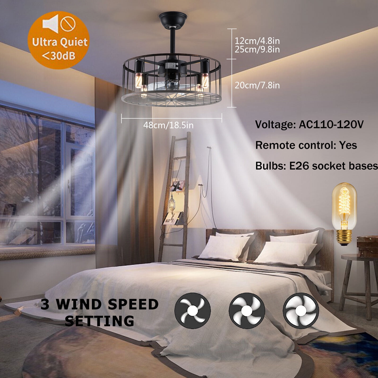 18.2" Cage Ceiling Fan Light Black Metal Fan Lantern 3 Speed W/ Timing ...