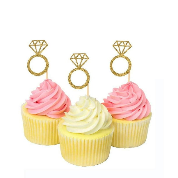 50 Pack Cupcake Toppers Gold Glitter Mini Diamond Ring Cakes Toppers ...