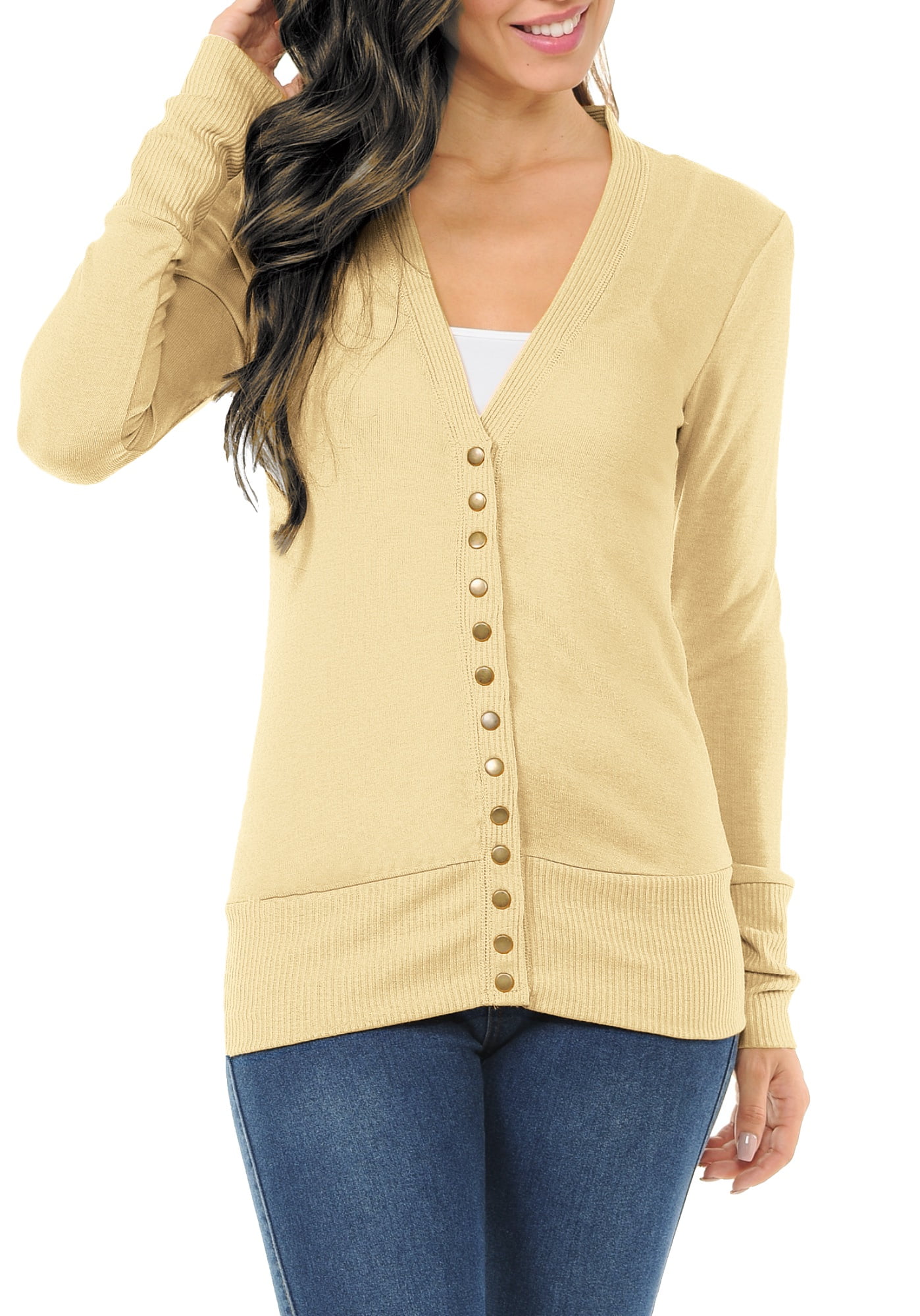 ClothingAve. Women's Long Sleeve Snap Button Sweater Cardigan w/ Ribbed ...