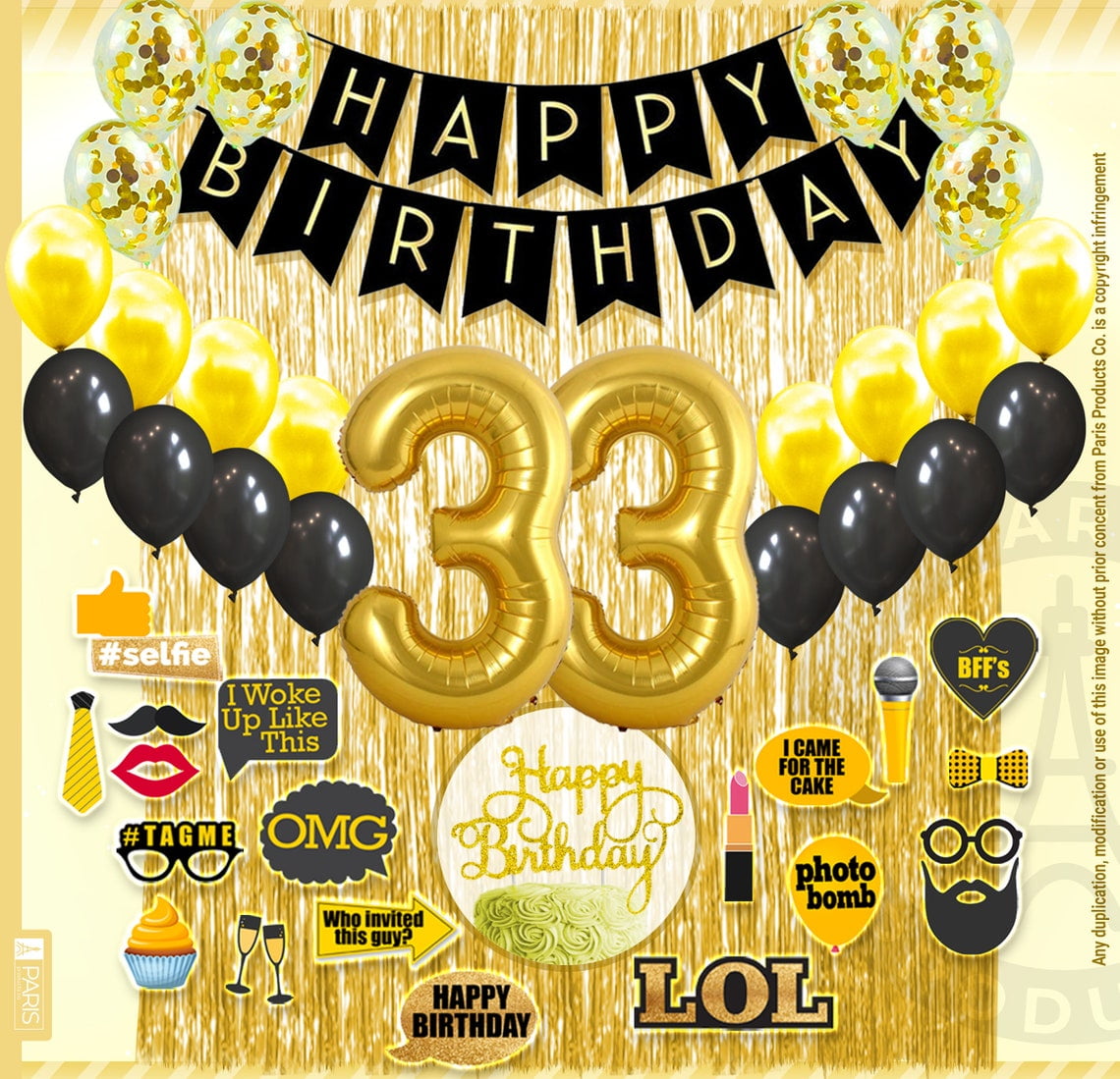 33rd Birthday Decoration Black and Gold for Boy & Girl, 33rd Cake ...