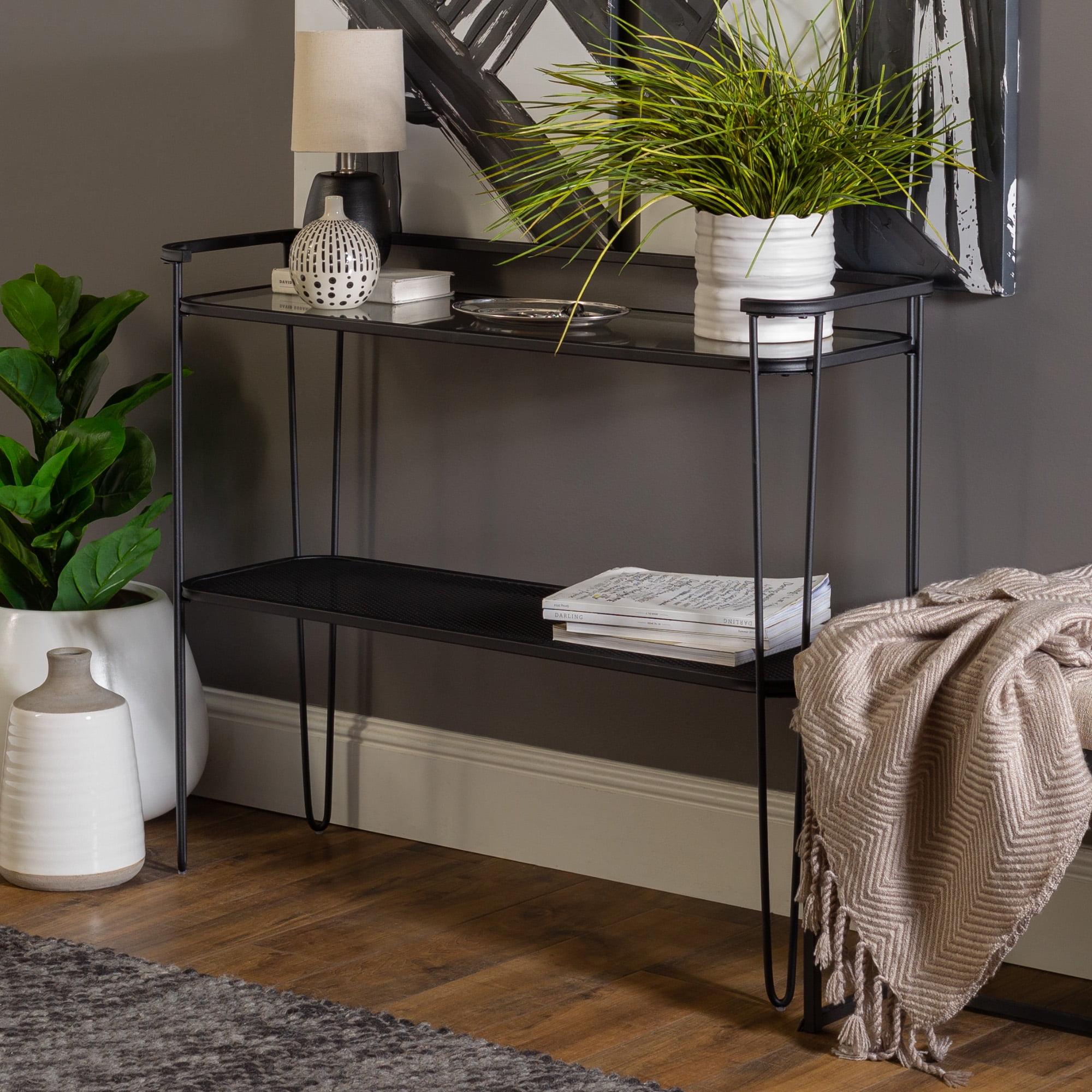 Manor Park Industrial Console Table with Lower Metal Shelf, Clear Glass ...