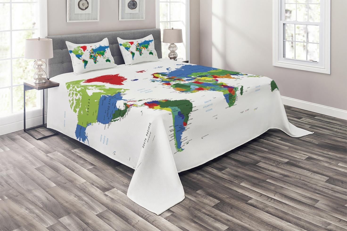 World Map Coverlet Set Queen Size, Colorful Political Map Borders ...
