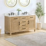 Solana 60" Wood Vanity in Weathered Fir Calacatta White Quartz Top no ...