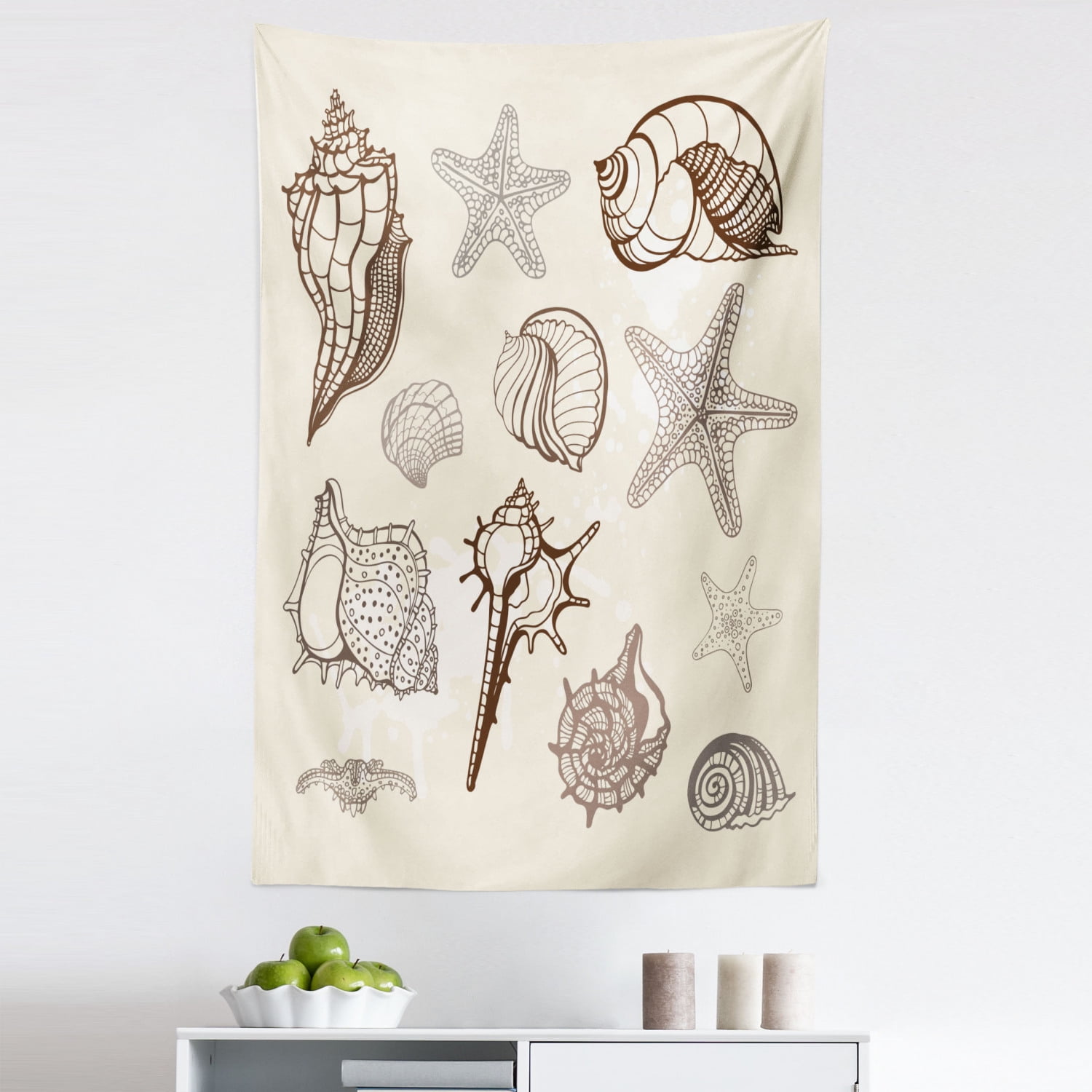 Shell Tapestry, Grunge Designed Outline Starfish and Seashells Nautical ...