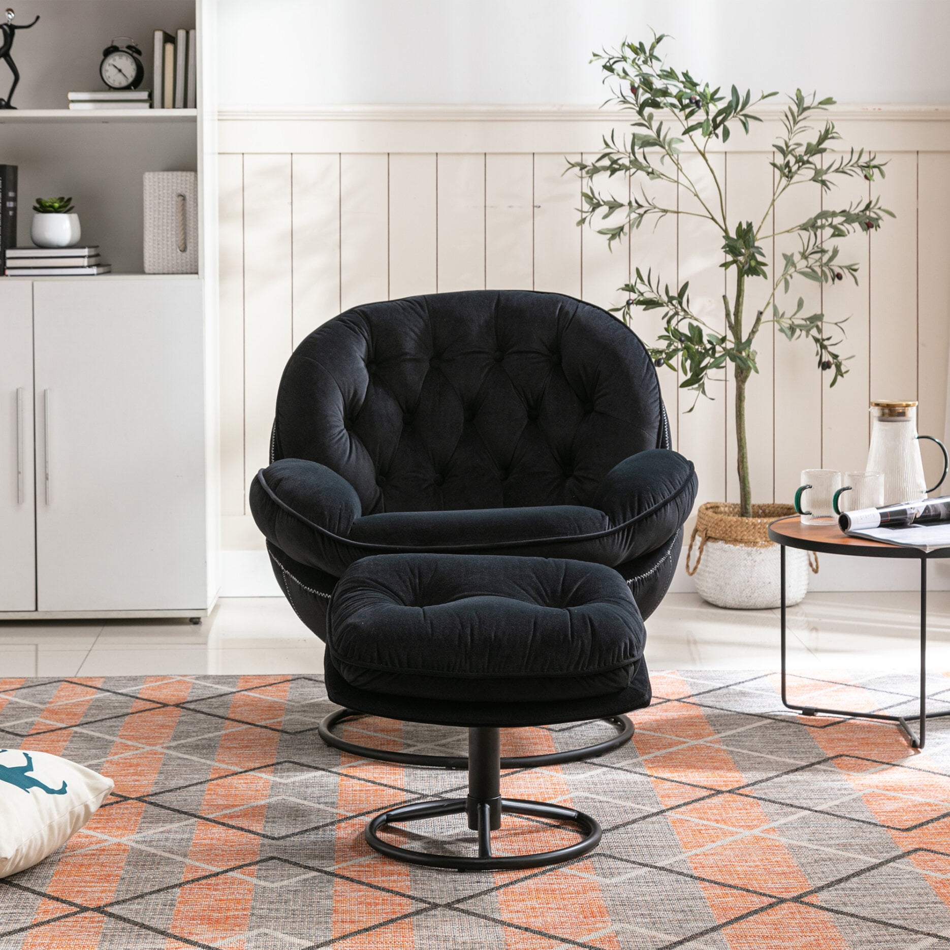 Large Tufted Accent Egg Chair with Ottoman Upholstered Chair and Footrest with Metal Round Base Soft Velvet Fabric Sofa Chair Stool for Living Room Balcony Nursery Bedroom Black Walmart
