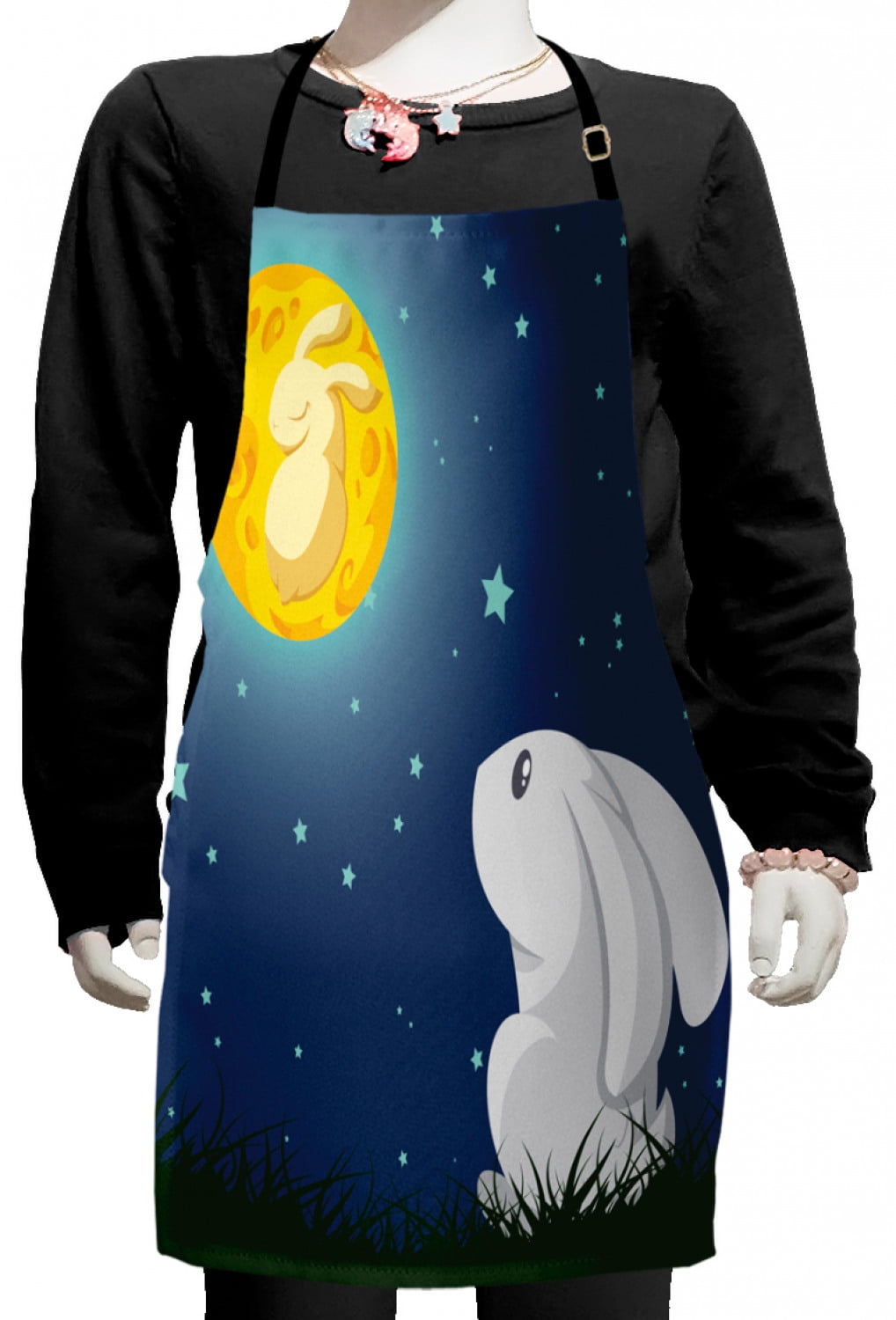 Bunny Kids Apron, Cartoon Illustration of a Rabbit Staring at the Moon ...