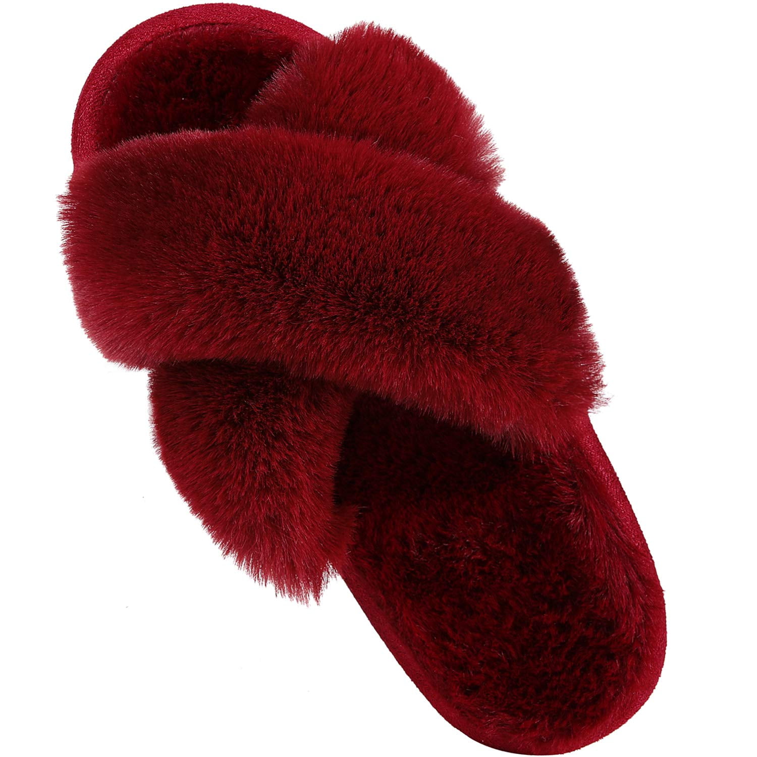 Litfun Women's Fuzzy Slippers Plush Cross Band Open Toe House Thick ...