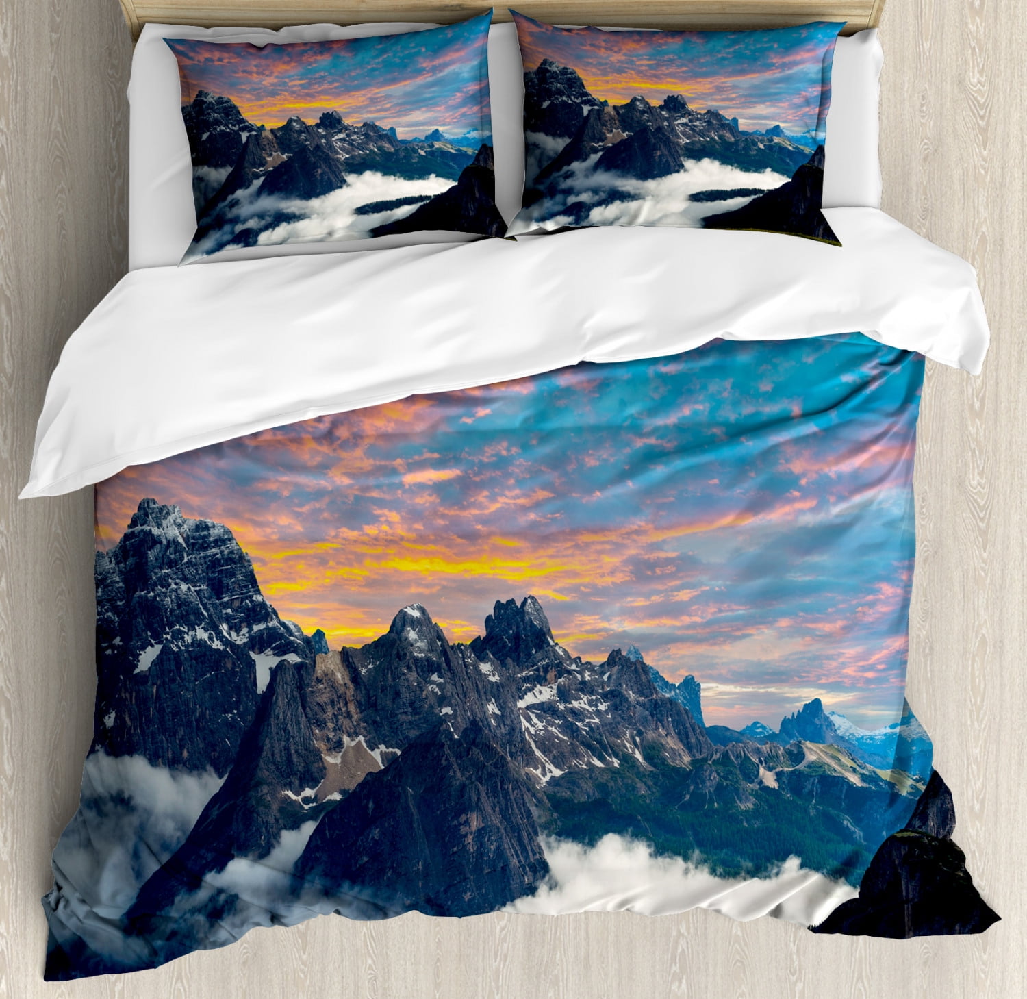 Mountain Duvet Cover Set Queen Size, Alpine Scenery Foggy Italian ...