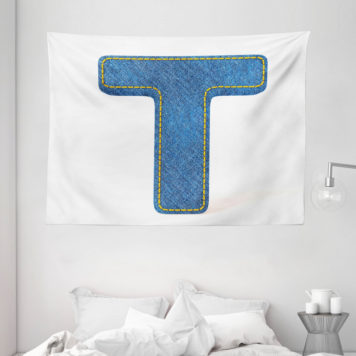 Letter T Tapestry, Alphabet Design with Denim Texture Element Blue ...