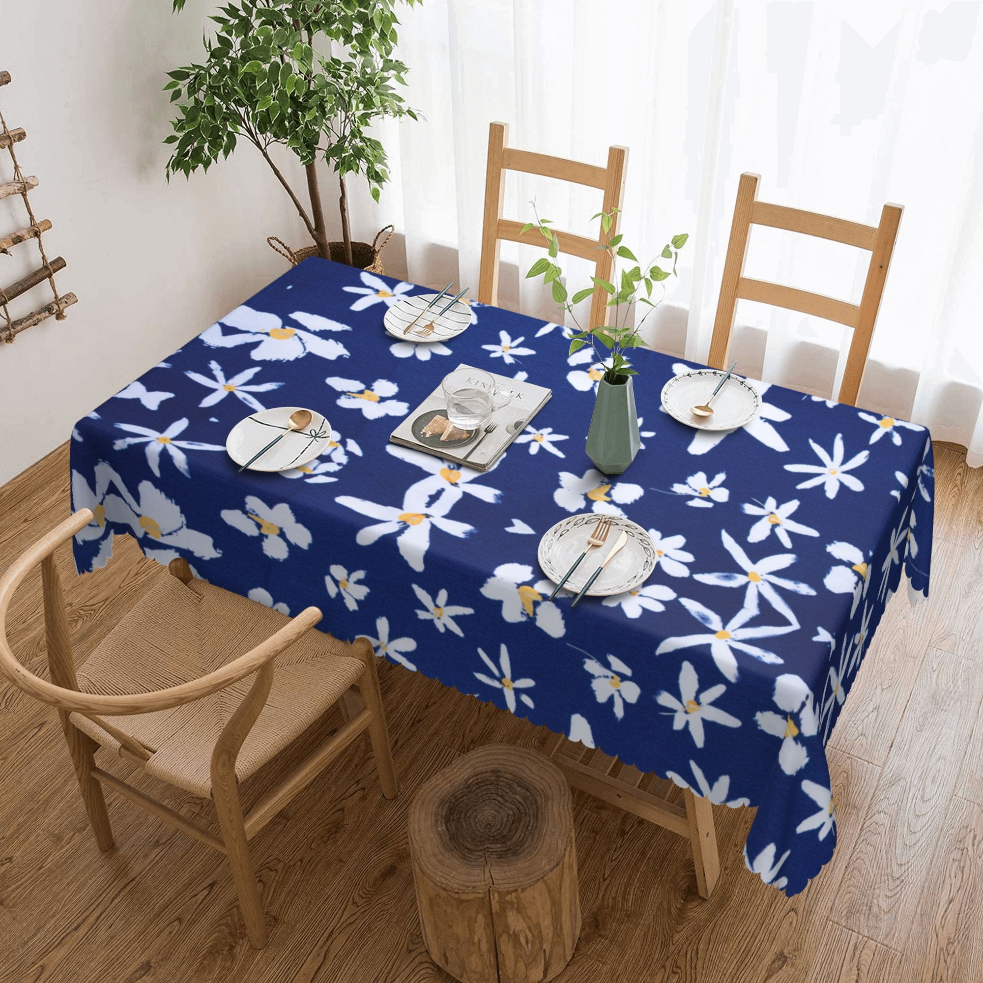 XMXY Table Cloth Rectangle Table, Blue Floral Print Dining Table Cover ...