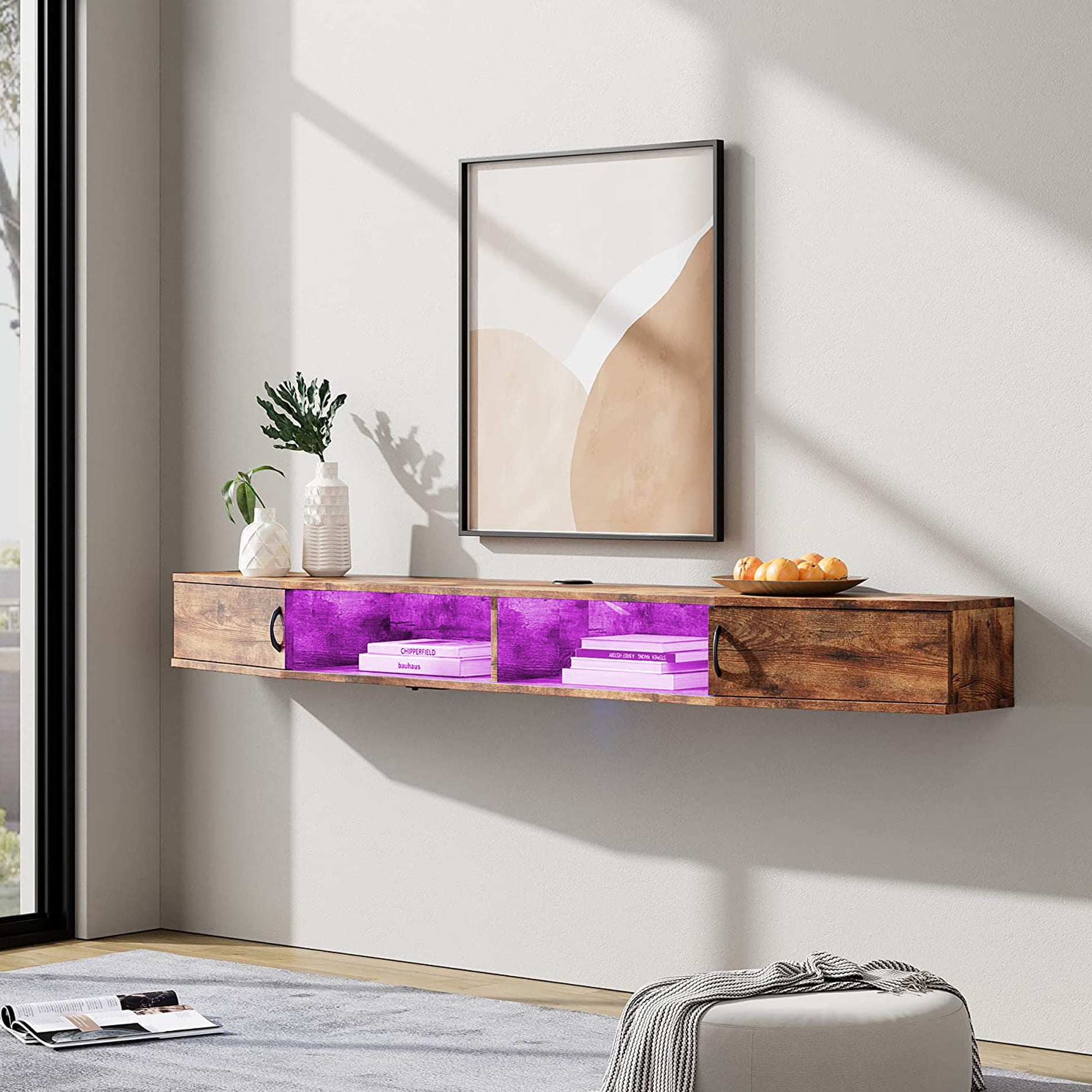Floating TV Stand Wall Mounted Shelf with 16 LED Lights, Wood Media ...
