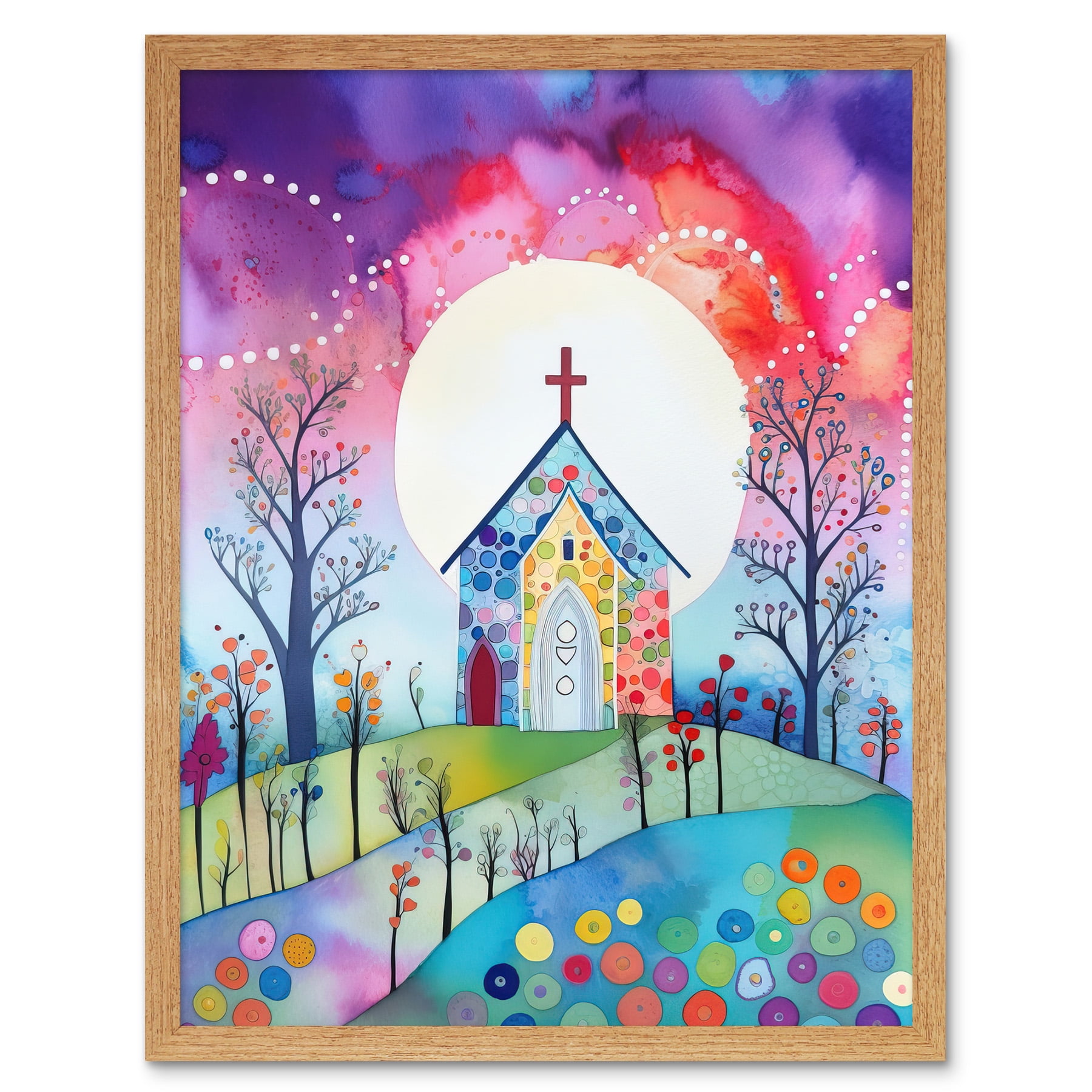 Countryside Chapel In Full Moon Spring Night Folk Art Watercolour ...
