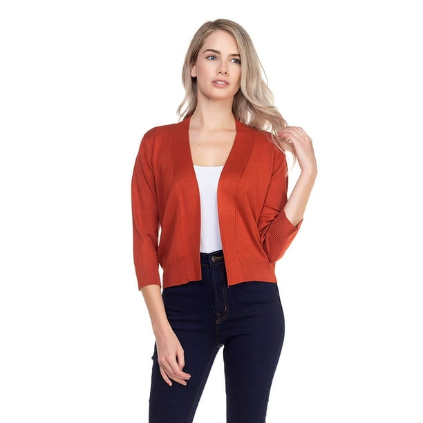 Women 3 4 Sleeve Solid Open Bolero Cropped Cardigan Shrug Rust