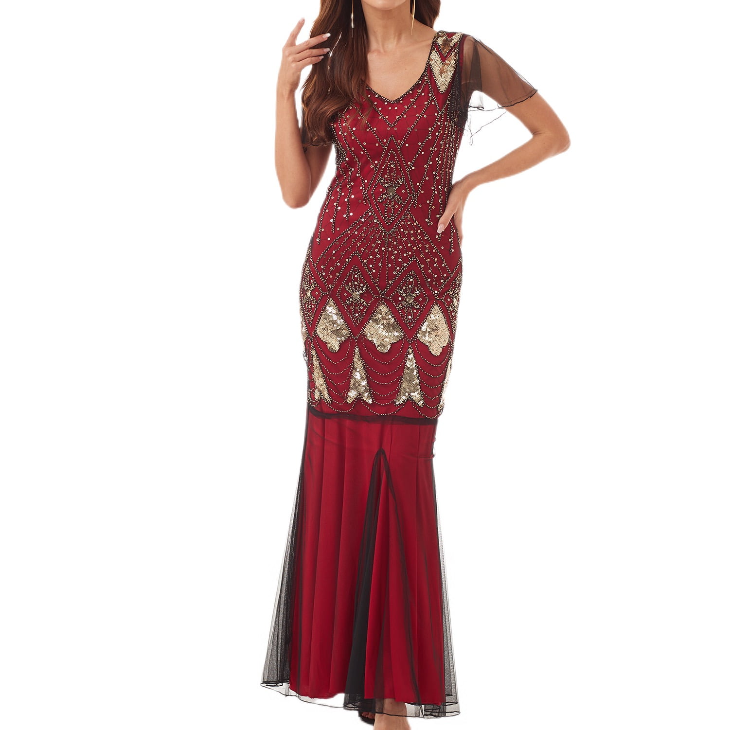 Jdlsppl Women's Mermaid Evening Dress Sequin Maxi Flutter Sleeve Tutu ...