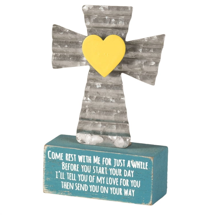 4" Silver Table Top Cross with MDF Base Quoting 'Come Rest with Me ...
