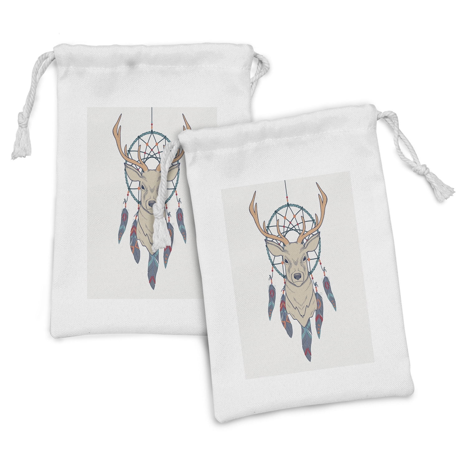 Deer Fabric Pouch Set of 2, Roe Deer with Dreamcatcher Folk Art Style ...