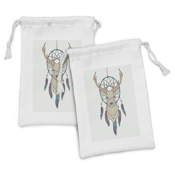 Deer Fabric Pouch Set of 2, Roe Deer with Dreamcatcher Folk Art Style ...