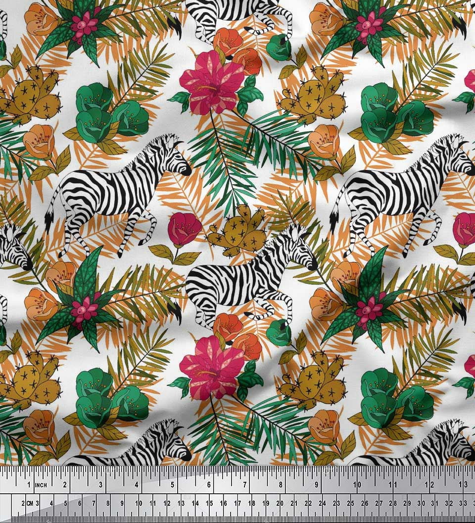 Soimoi Brown Moss Georgette Fabric Tropical Leaves & Wild Animal Print ...