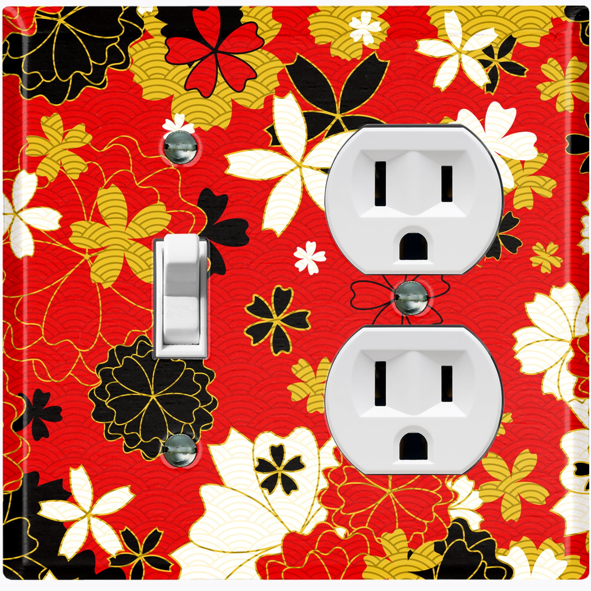 Metal Light Switch Plate Cover Japanese Flower Pattern Red Wallpaper ...