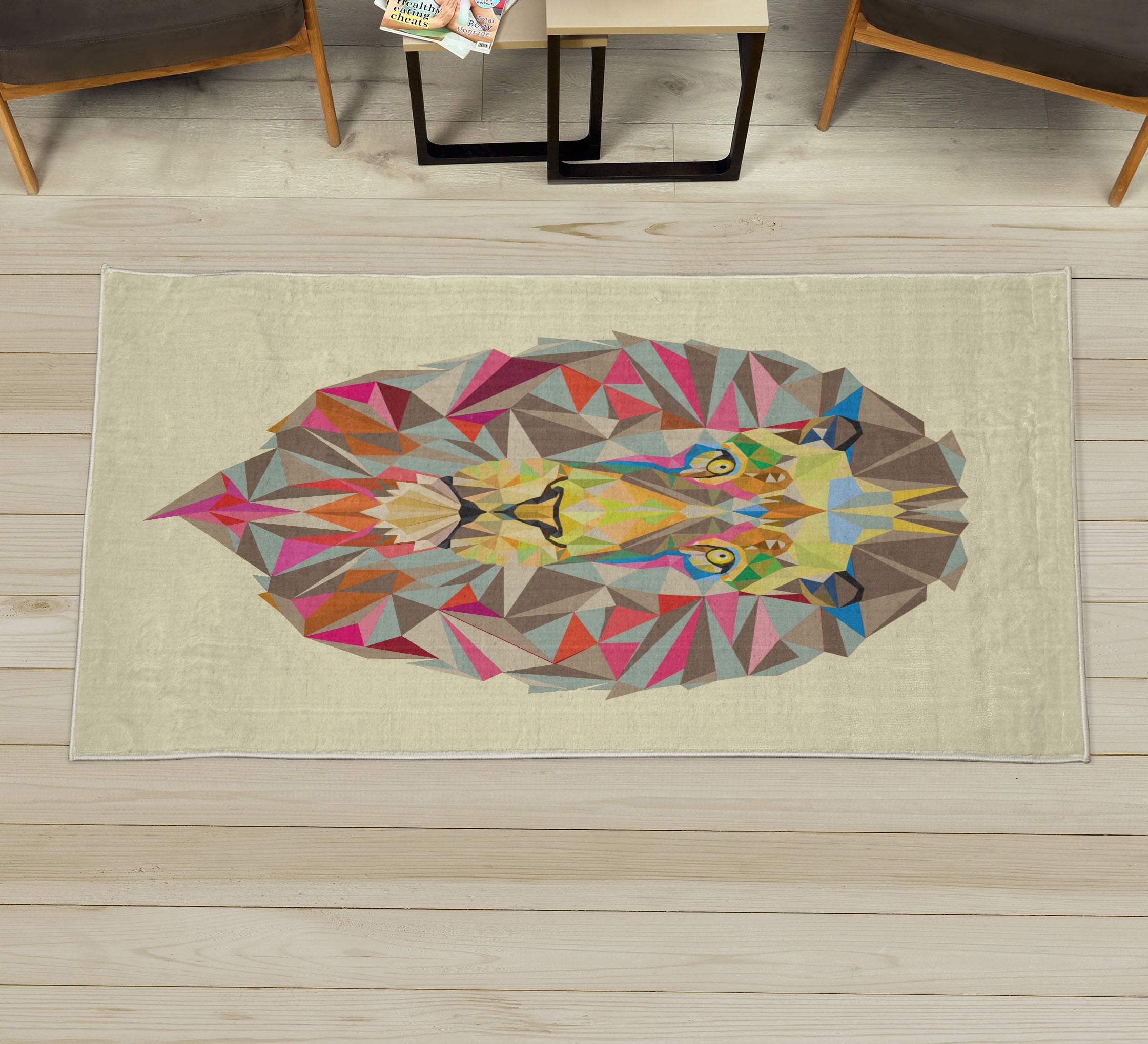 Zoo Decorative Rug, Colorful Animals Geometric Diamond Face Lions Mane ...