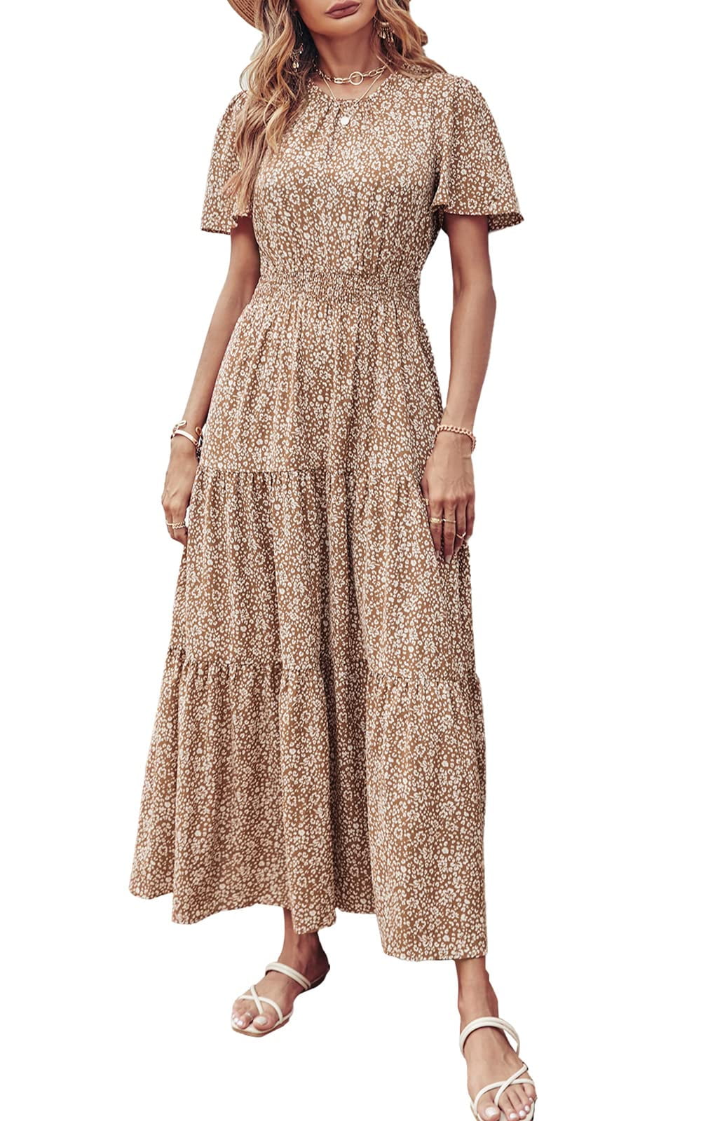 Goodwill Women Crew Neck Short Sleeve Smocked Elastic Waist Tiered Maxi ...