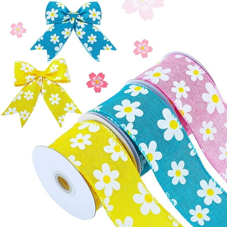 3 Rolls Daisy Flower Canvas Wired Edge Ribbons 2.5 Inch 10 Yards Yellow ...