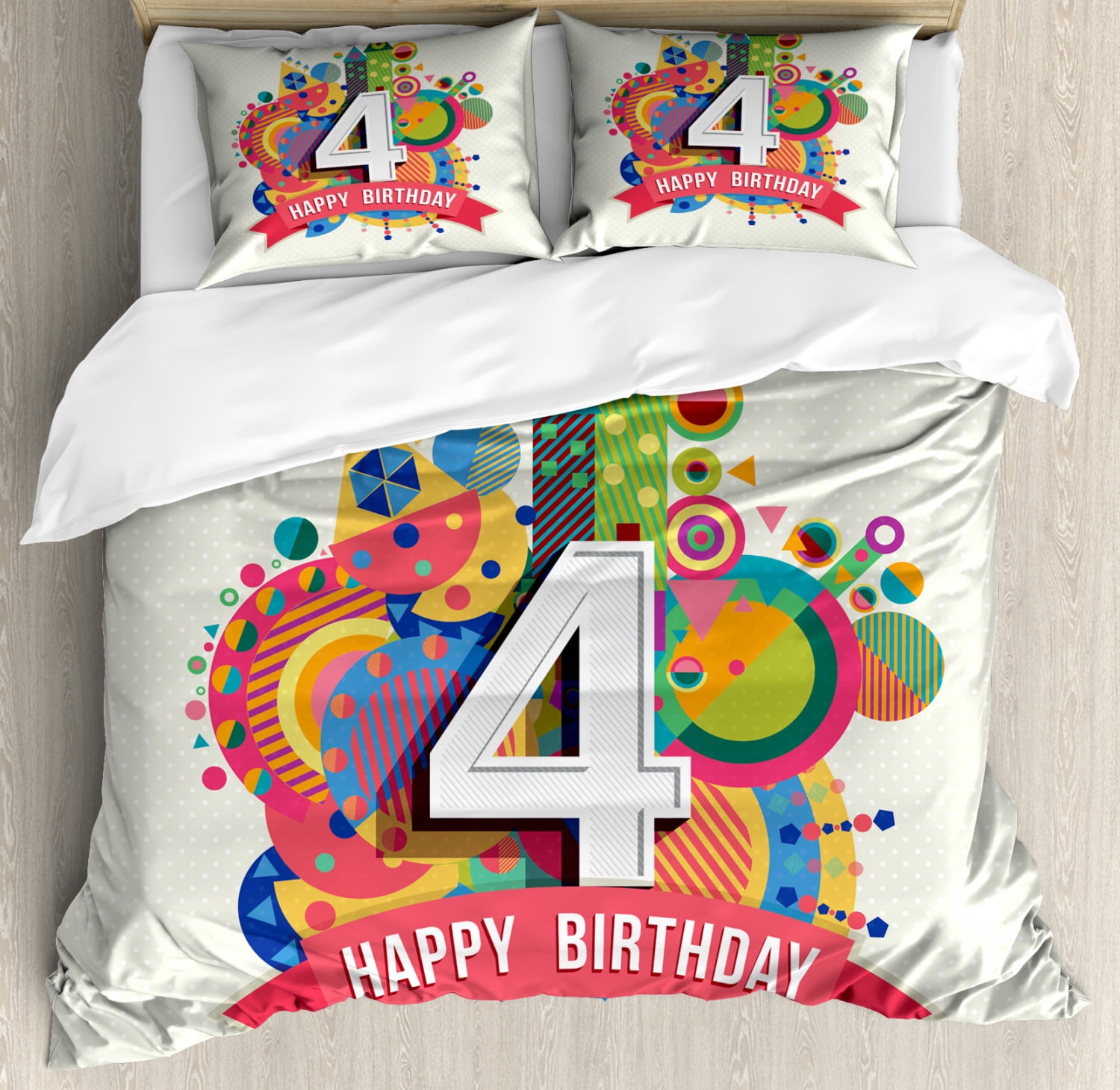Number Queen Size Duvet Cover Set, Happy Birthday Four Years Old Fun ...