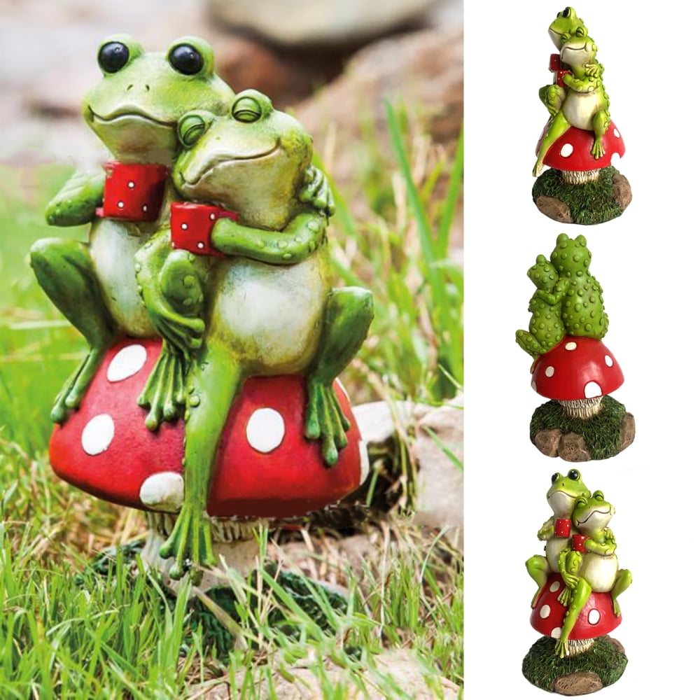 2 Green Frog Sitting on Mushroom Statue Creative Garden Resin Sculpture ...