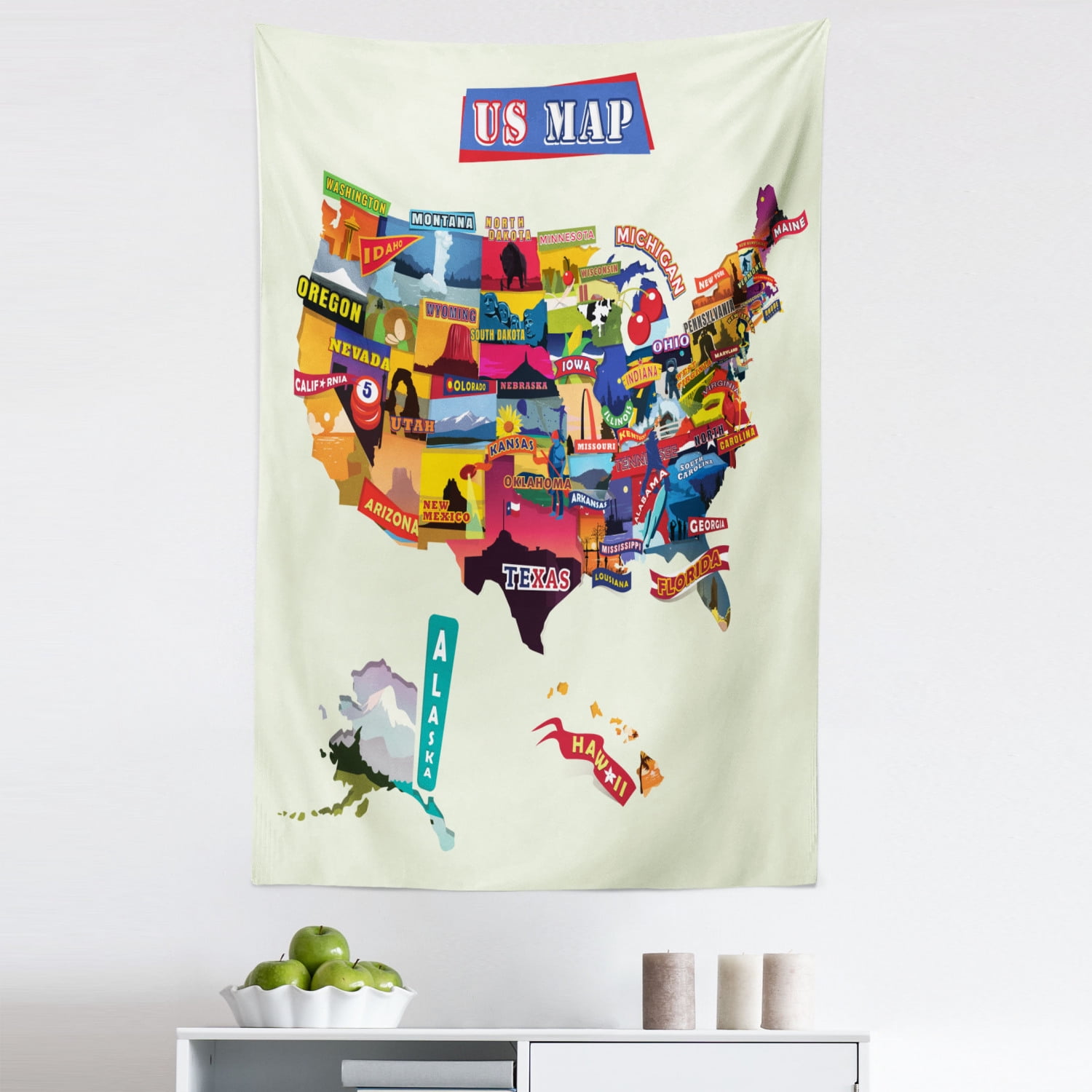 Colorful Tapestry, US Map Seashore and Sunflowers Tourist Attractions ...