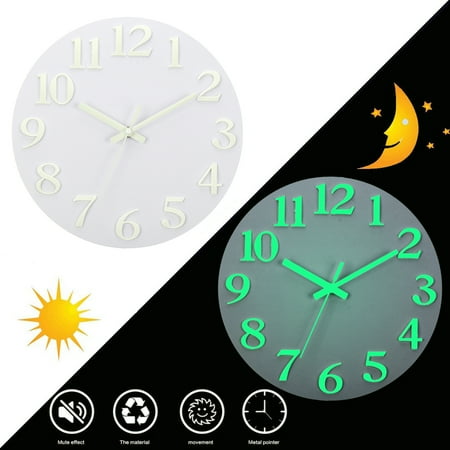 Glow In The Dark Wall Clock Silent Quartz White Living Room Bedroom ...