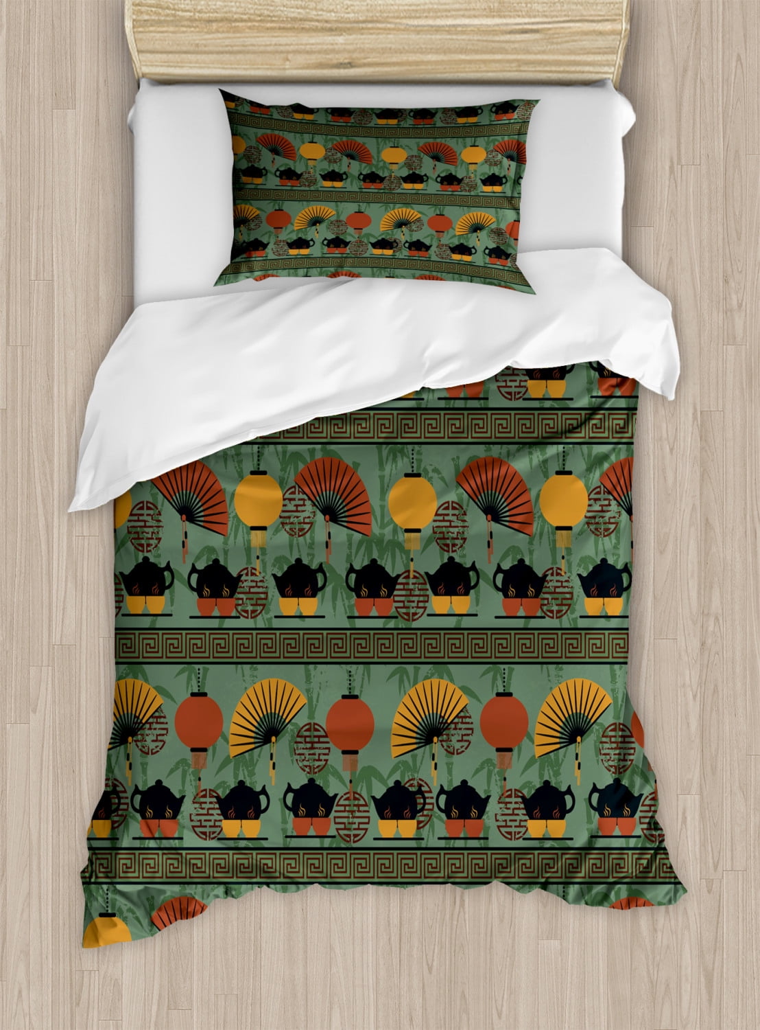Tea Party Duvet Cover Set Twin Size, Asian Ethnicity Theme Grunge ...