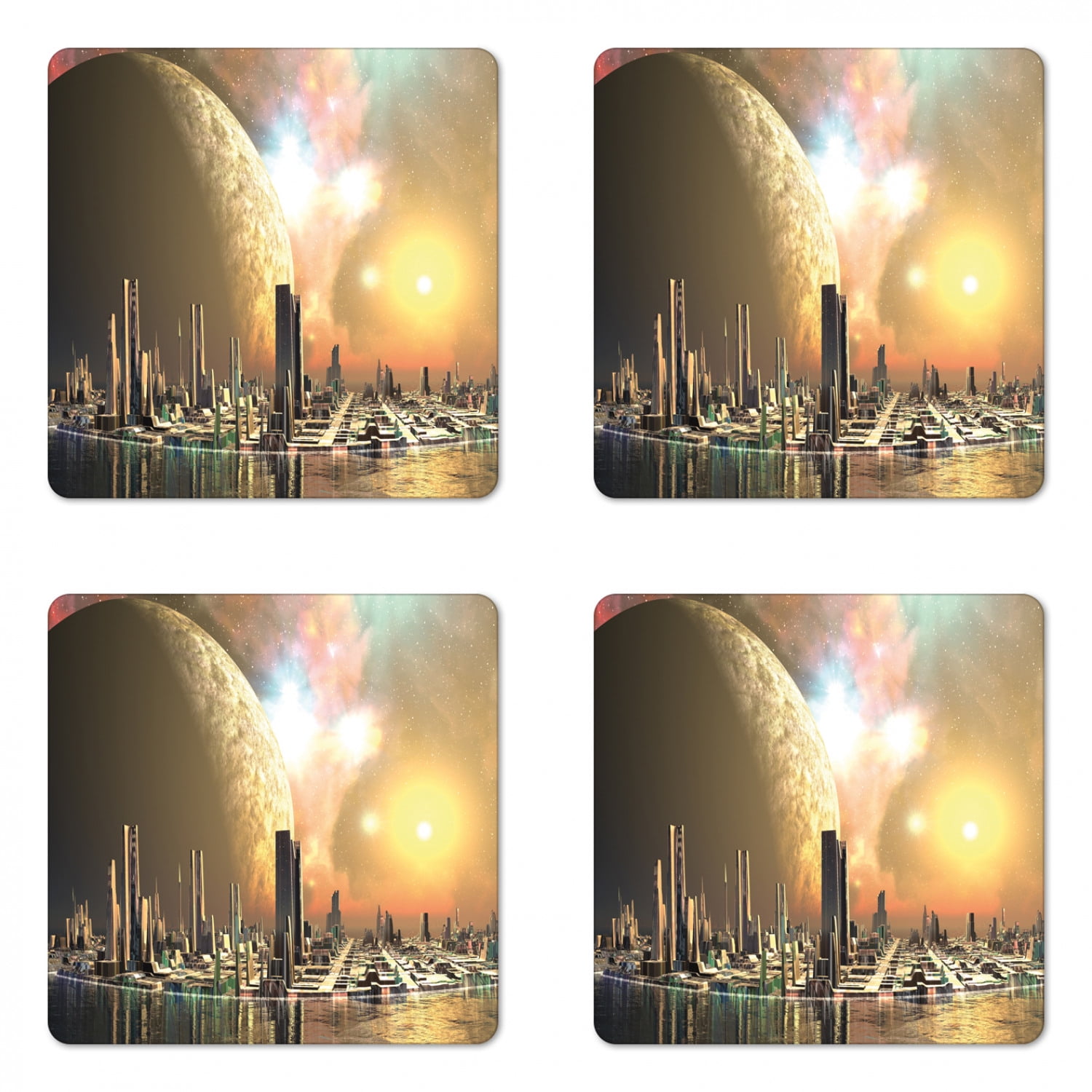 Cityscape Coaster Set of 4, Utopia Islands Floating Future Cities ...