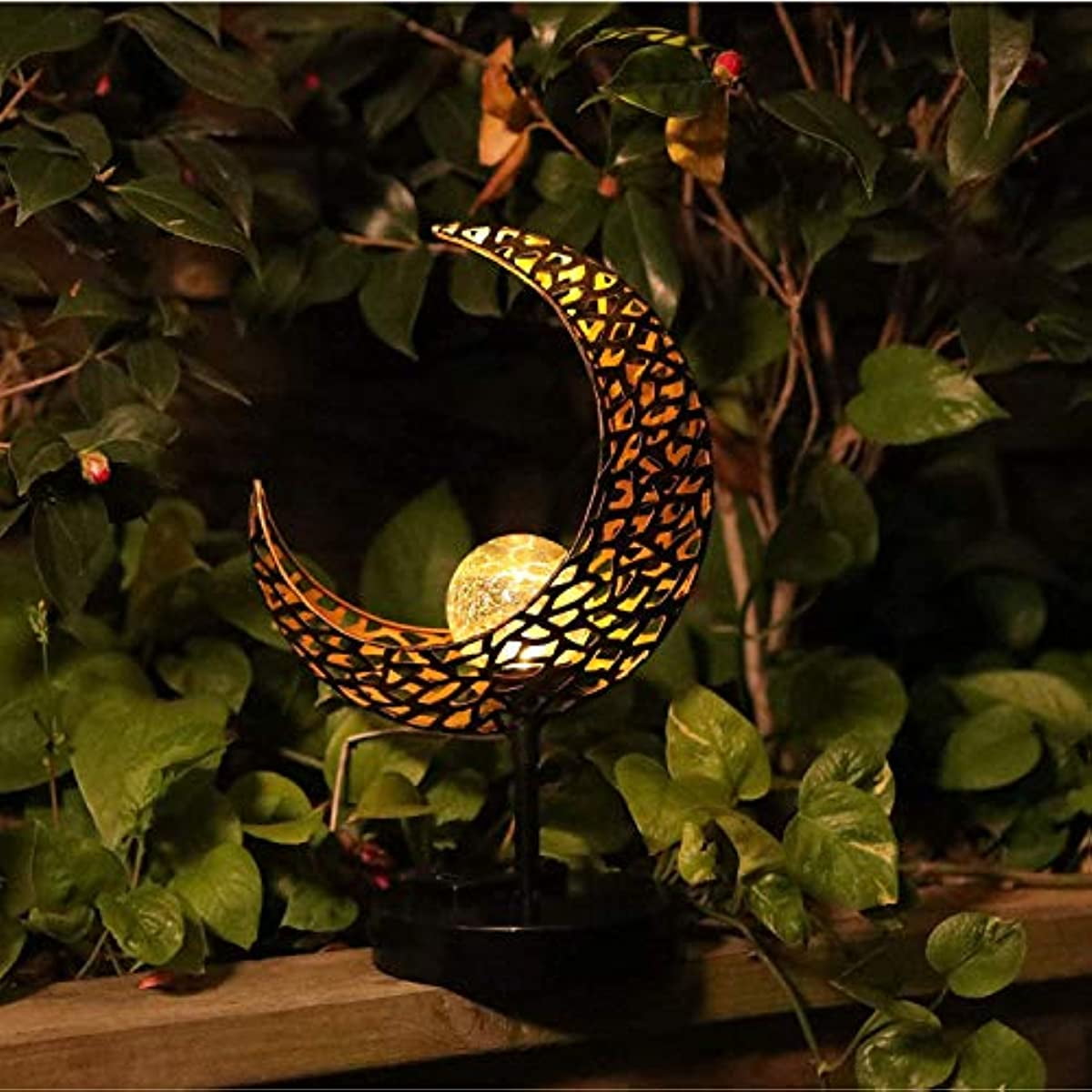 LINLIN Solar Table Lights Moon Shape Crackle Glass Globe Antique Metal ...