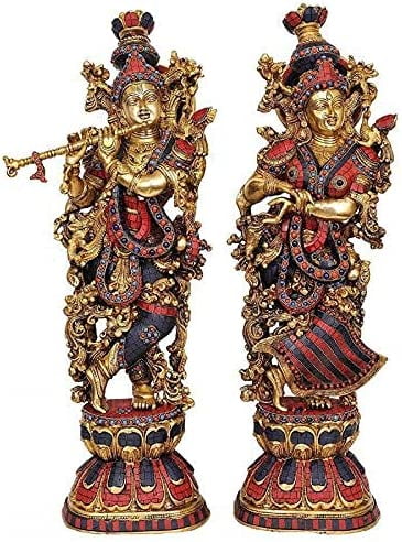 Brass Lord Radha Krishna Couple Bhagwan Large Statue Turquoise Murti ...