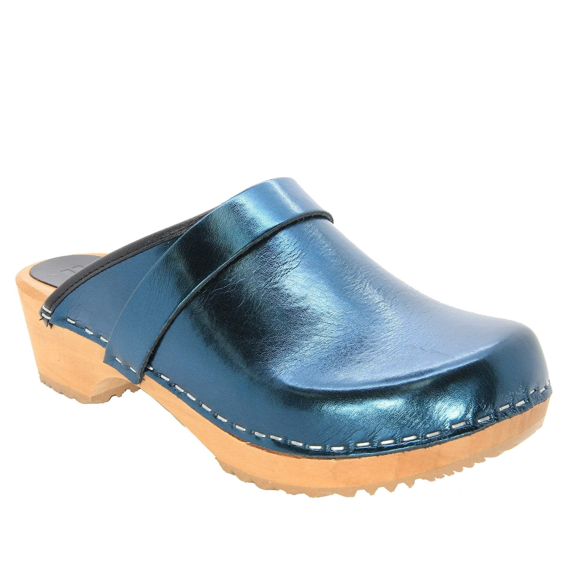 BJORK Maja Open Back Wood Leather Clogs (Emerald Metallic - EU37 ...