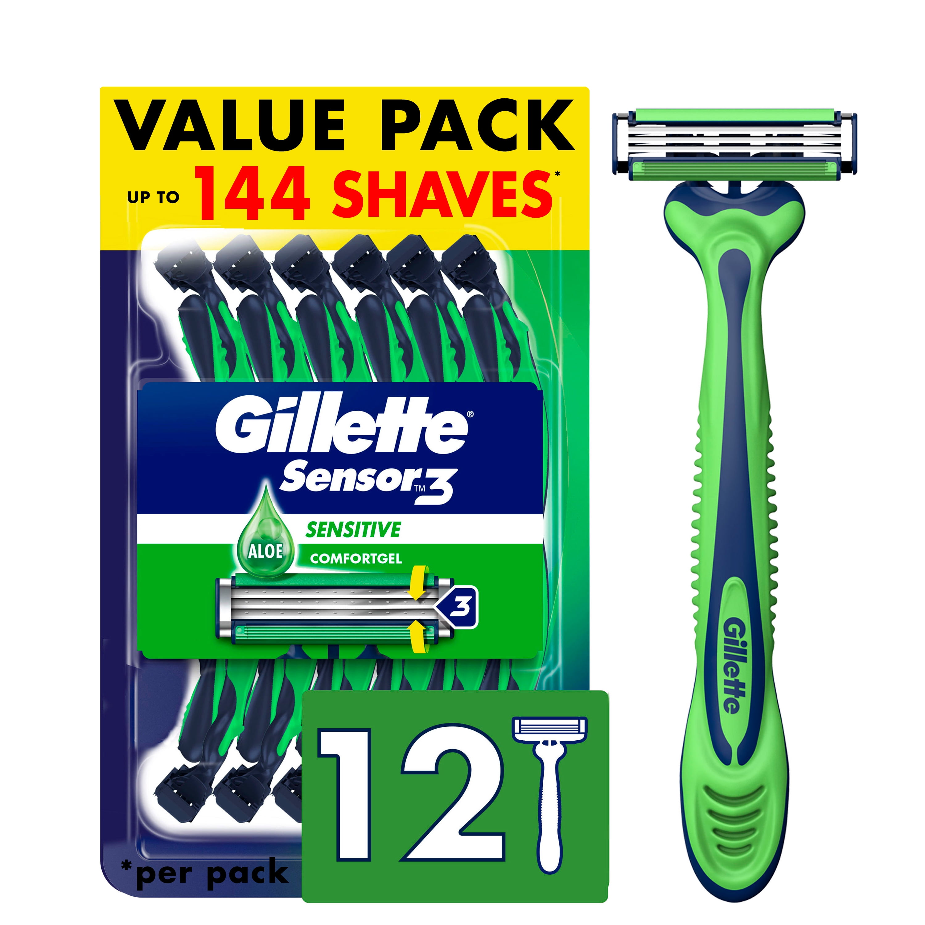 Gillette Sensor3 Sensitive Men's Disposable Razor, 12 Razors, Green ...
