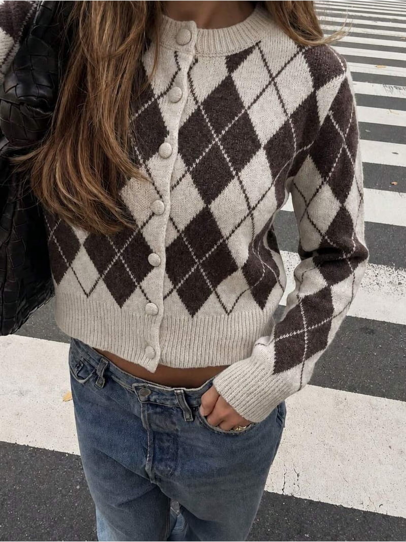 Women's Argyle Knit Sweater, Round Neck Casual Pullover Top - Walmart.com
