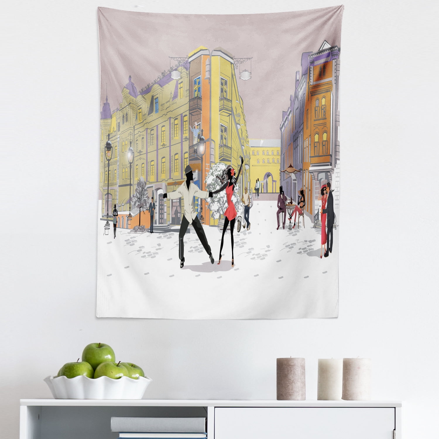 Cityscape Tapestry, Colorful Sketchy Parisian Street with Dancing ...