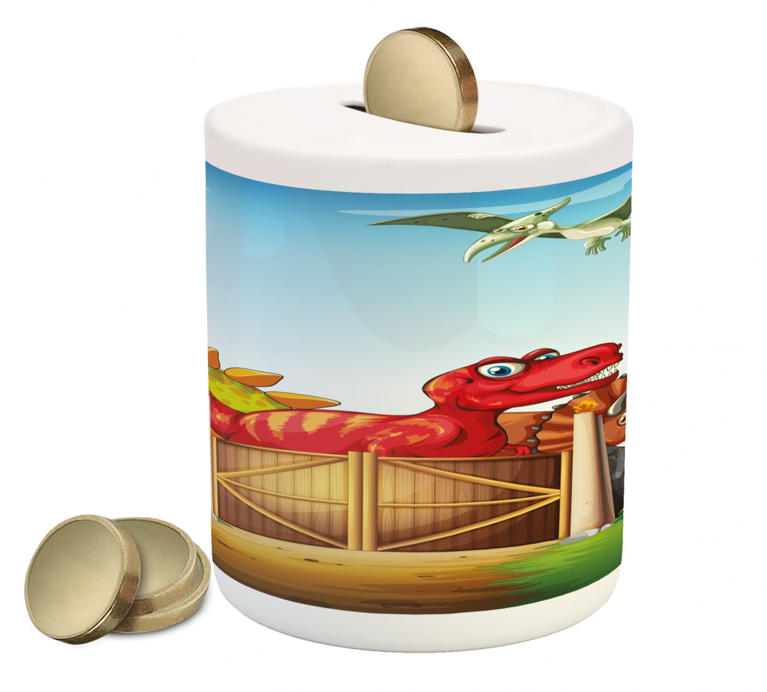 Dino Piggy Bank, Cartoon Style Dinosaurs in a Dino Park Jungle Trees ...