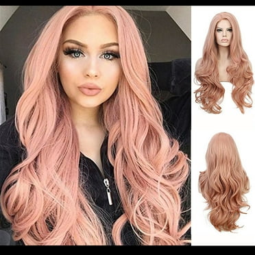 RightOn Long Pink Wig for Women Long Curly Wavy Pink Wig with Bangs ...