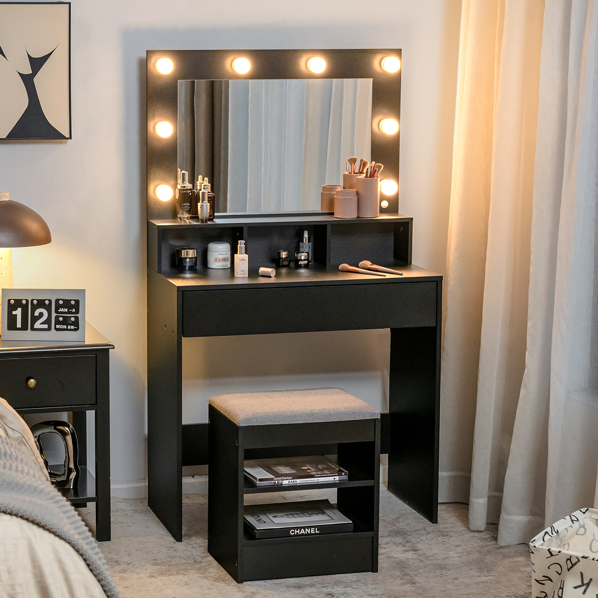 Costway Vanity Table Set With Lighted Mirror 8 LED Bulbs Large Drawer Costway Vanity Table Set With Lighted Mirror 8 LED Bulbs Large Drawer