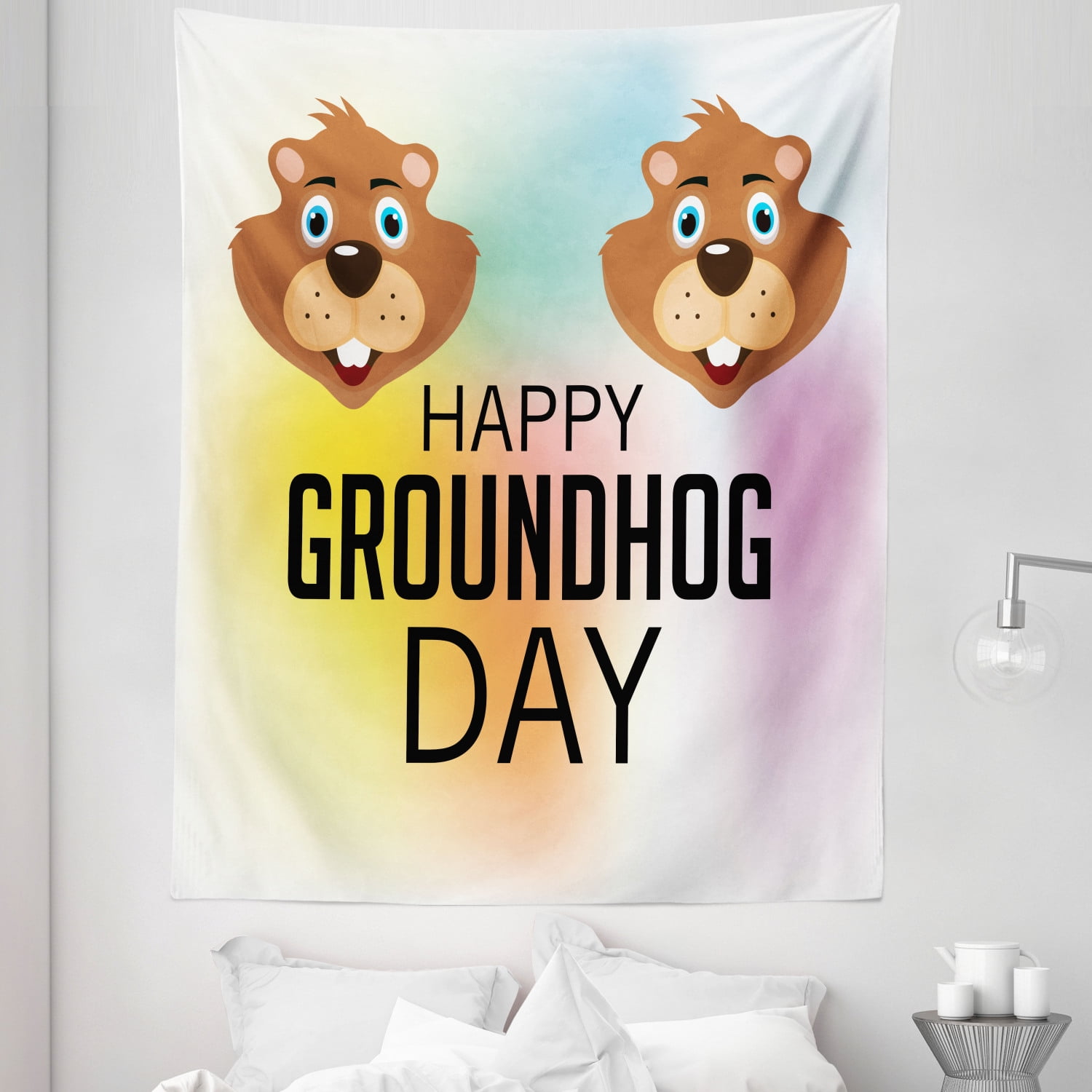 Groundhog Day Tapestry, Happy Cartoon Marmot Heads on Blurry Colored ...