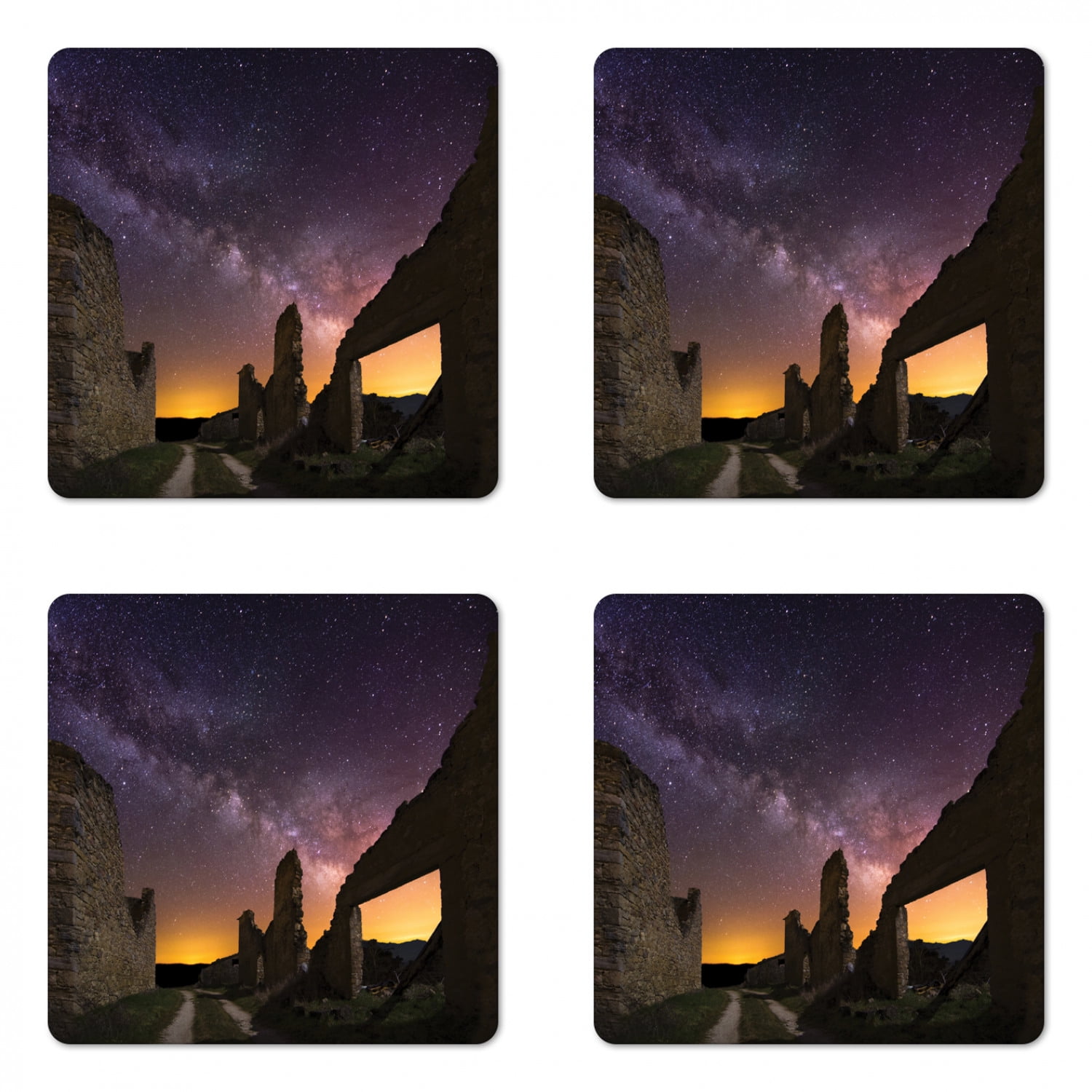 Landscape Coaster Set of 4, Antique Ruin at Starry Night Celestial Road ...