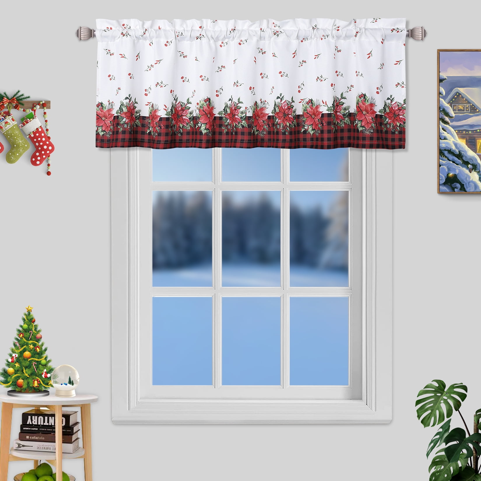 HOMERRY 54"W X 15"L Christmas Kitchen Curtain Valance Floral Plaid ...