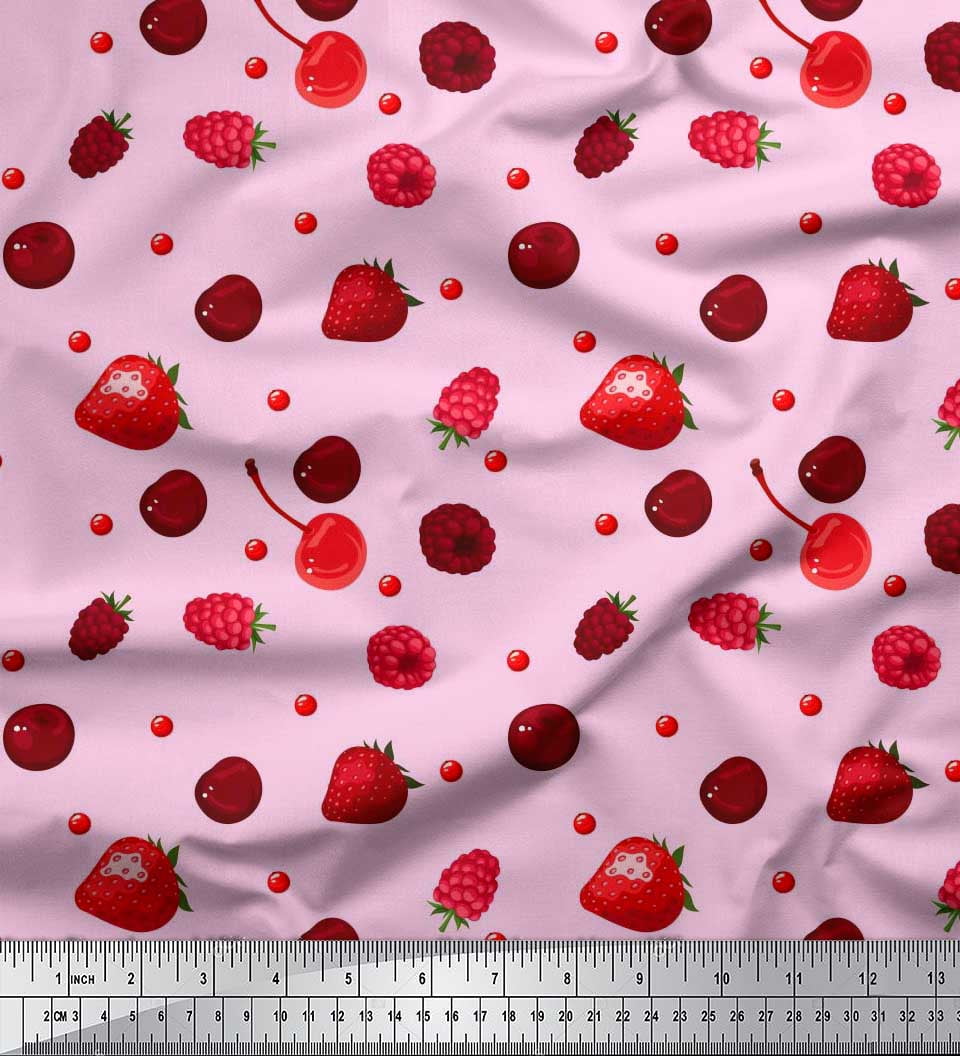Soimoi Satin Silk Fabric Raspberry,Strawberry & Cherry Fruits Print ...