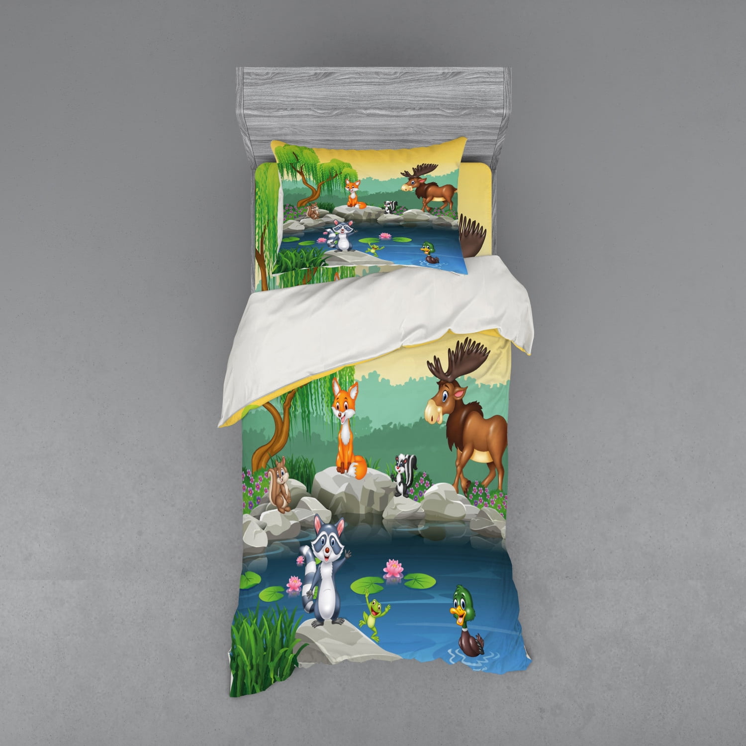 Cartoon Duvet Cover Set, Funny Mascots Animals by the Lake Moose Fox ...