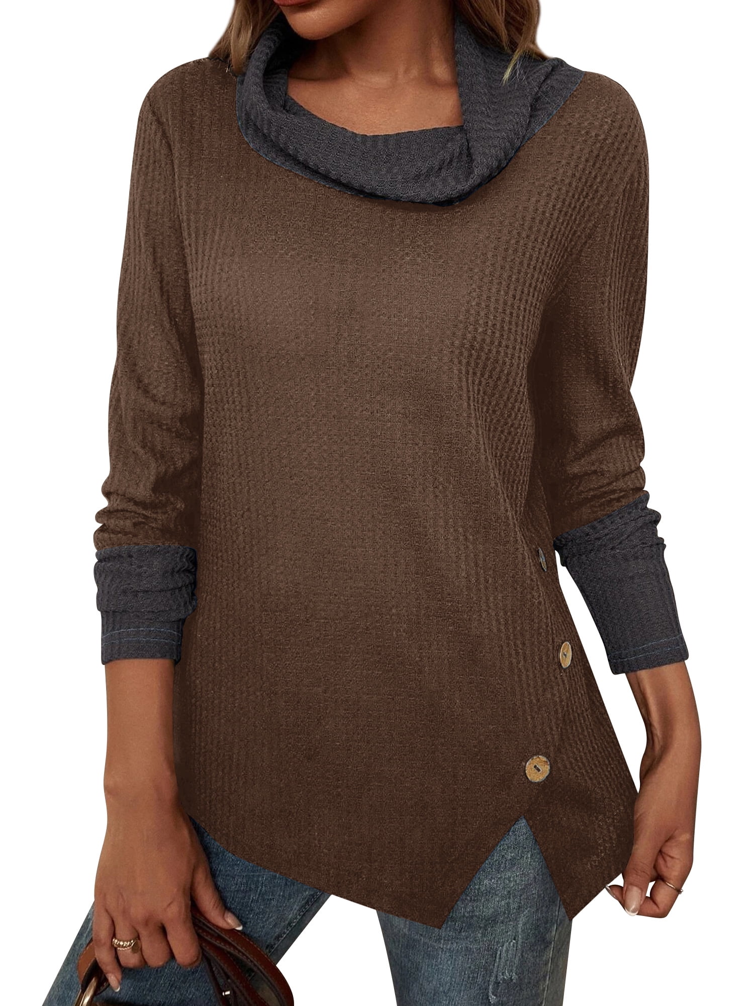 HUBERY Women Waffle Cowl Neck Color Block Long Sleeve Button Slit Hem ...