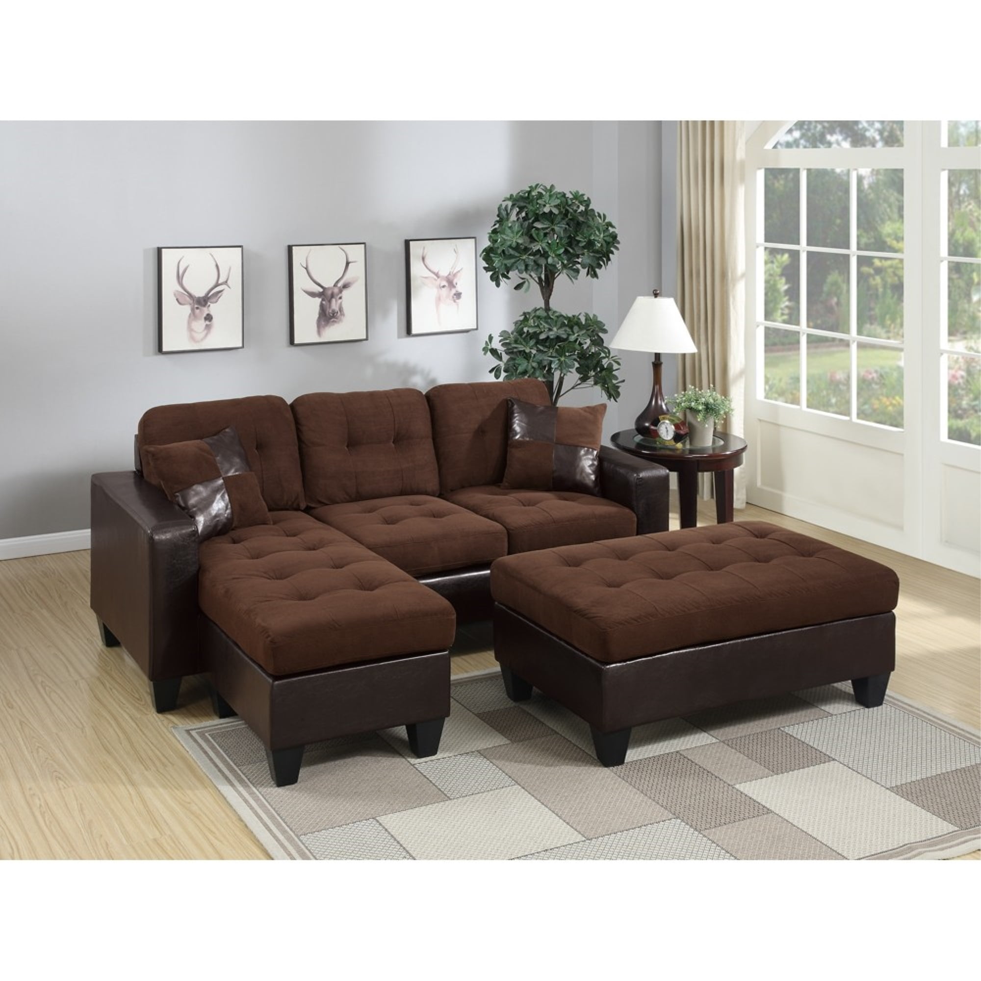 Padded Suede All In One Sectional With Ottoman And 2 Pillows In Choco ...